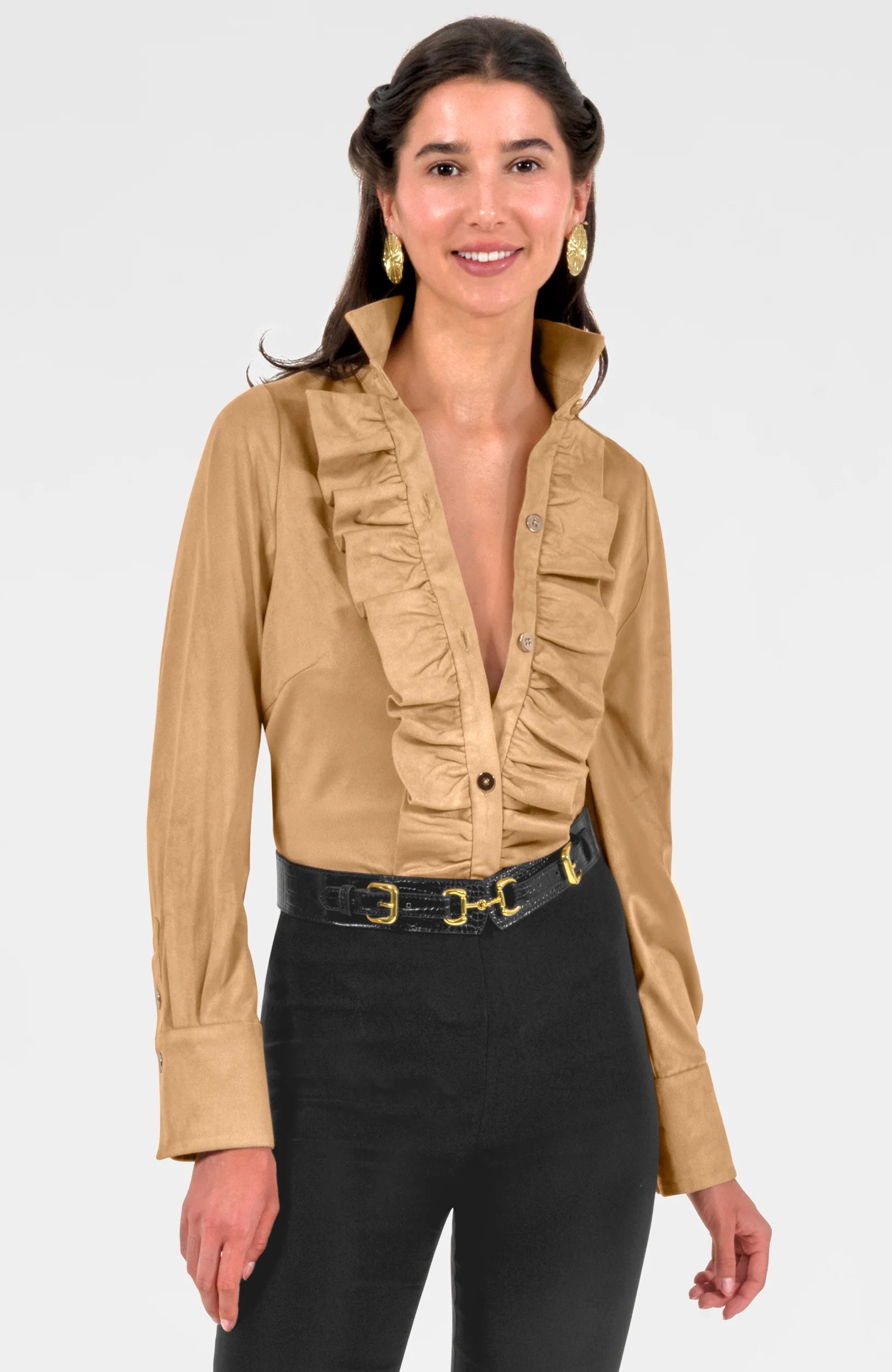 Gretchen Scott Ruffle Rumble Blouse - Ultra Suede Khaki – Dan's Southern Prep