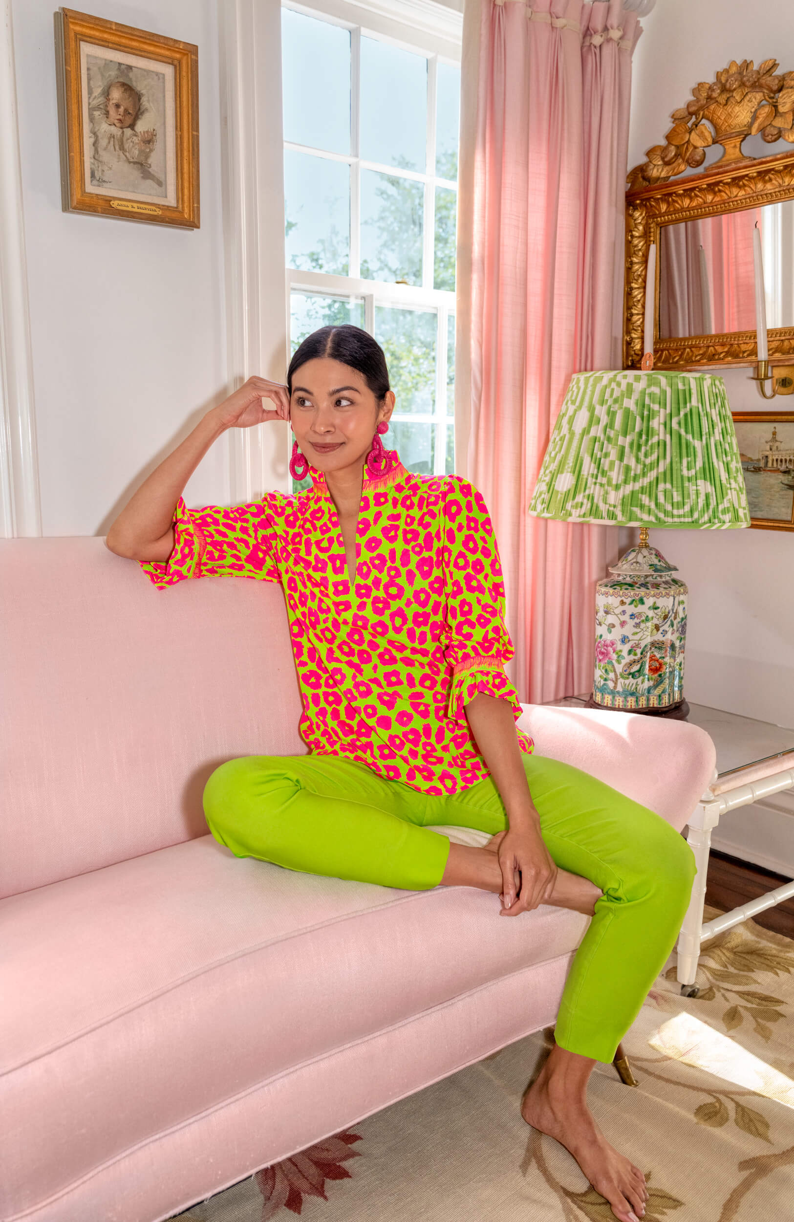 Gretchen Scott Ruffleneck Tunic - Me Jane Lime/Pink – Dan's Southern Prep